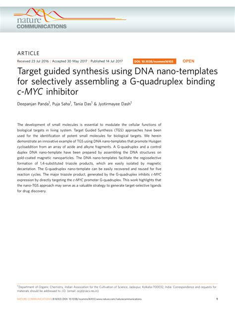 Pdf Target Guided Synthesis Using Dna Nano Templates For Selectively Assembling A G Quadruplex