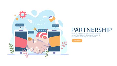 핸드 쉐이크와 작은 사람들 캐릭터 비즈니스 파트너십 관계 개념 팀 웹 방문 페이지 배너 프레 젠 테이 션 이랑 소셜 미디어에 대