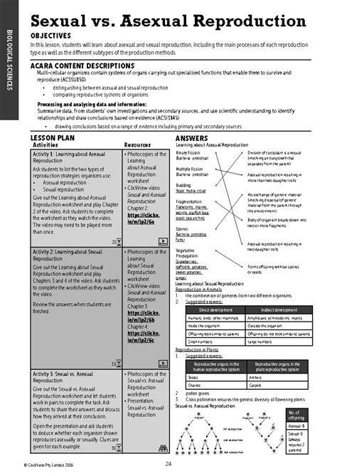 Year 8 Lesson Plan Sexual Vs Asexual Reproduction Biological