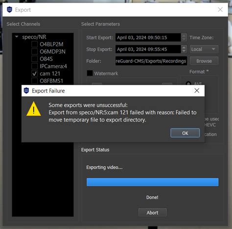 secureguard® cms export error message