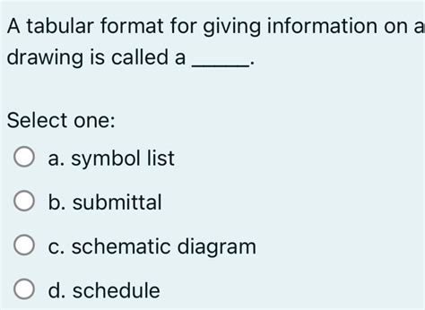 A Tabular Format For Giving Information On A Drawing Is Called A Select One A Symbol List B