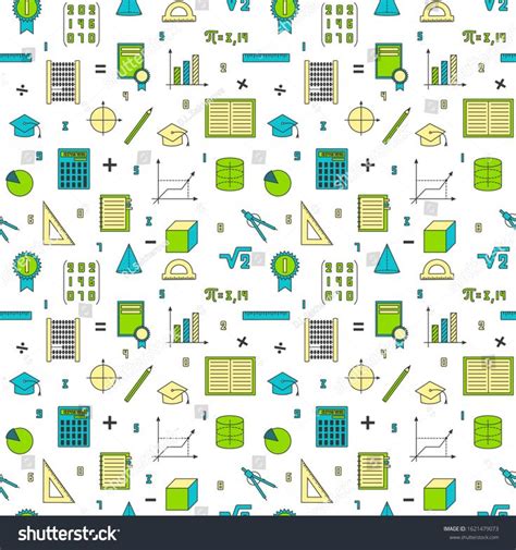Seamless Pattern With Green And Blue School Supplies On White Background Stock Photo Image