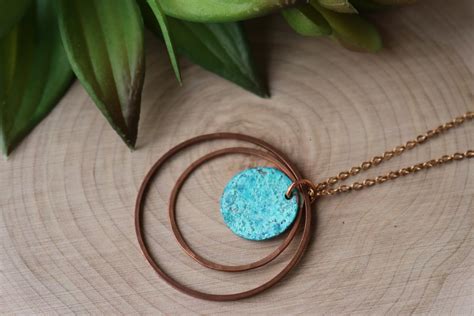 Handmade Copper Circle Necklace Blue Patina Pendant 19 Chain Etsy