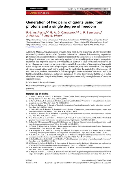 Pdf Generation Of Two Pairs Of Qudits Using Four Photons And A Single Degree Of Freedom