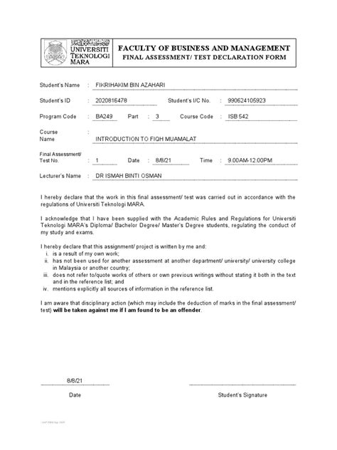 Final Assessment Declaration Form For Introduction To Fiqh Muamalat