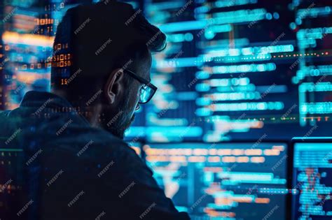 Premium Photo Man Programmer Code On Computer Screen With Cybersecurity Hologram