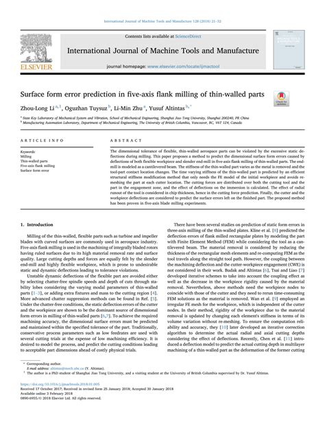 Pdf Surface Form Error Prediction In Five Axis Flank Milling Of Thin