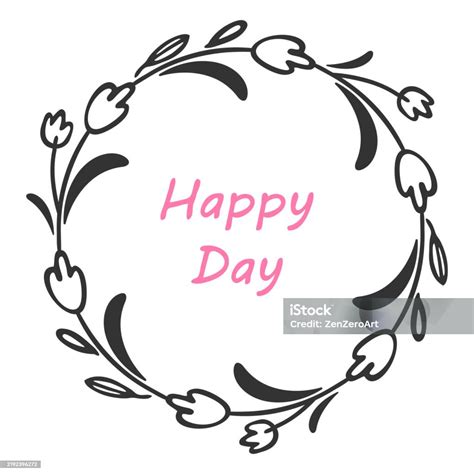 튤립 프레임 윤곽선 원 귀여운 꽃 화 환 낙서 예술 스타일 디자인 테두리 손으로 그린 얼룩 브러시 스트로크 한 줄 꽃 잎 그래픽 요소 텍스트 공간을 위한 빈 프레임입니다