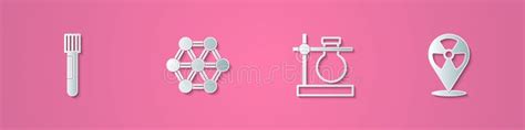 Set Paper Cut Test Tube And Flask Molecule On Stand And Radioactive In Location Icon Paper