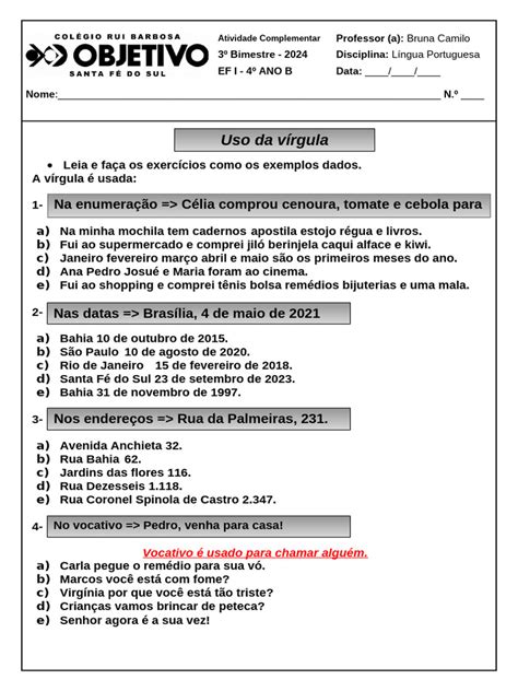 Atividades Uso Da Vírgula Introdução 3º Bim 4º Ano B 2024 Pdf