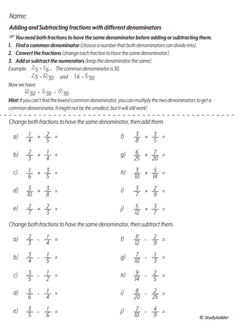 adding and subtracting fractions with different denominators