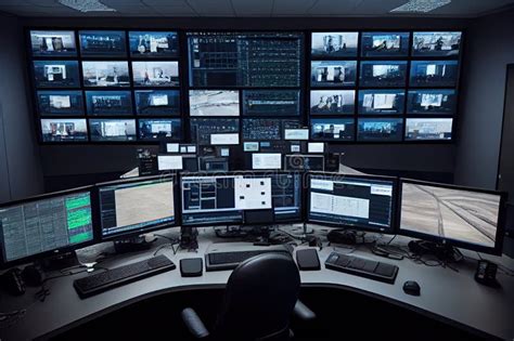 Surveillance Room Filled With Screens Displaying Security Feeds From