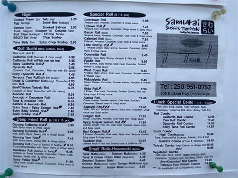 Menu At Samurai Sushi And Teriyaki Restaurant Parksville
