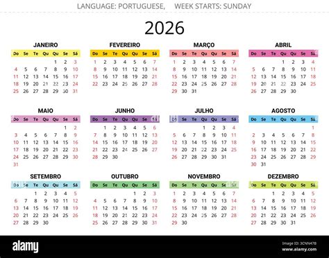Portuguese Multicolor Calendar 2026 Year Vector Illustration Portugal