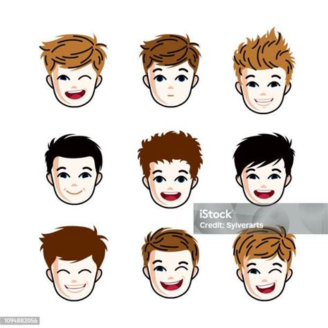 다른 감정을 표현 하는 남자 얼굴의 컬렉션 처럼 행복 하 고 일부 Grimaces 벡터 인간의 머리 일러스트 빨간 머리와 Brunet 10 대 들의 집합입니다 갈색 머리에