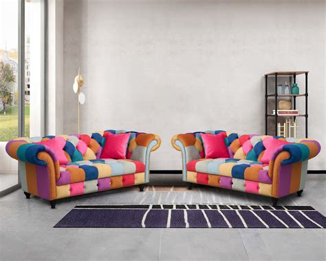 Multicoloured Velvet Patchwork 22 Seater Scroll Arm Chesterfield