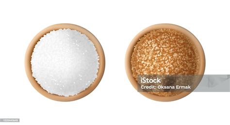 나무 그릇에 흰색과 갈색 설탕 원시 정제되지 않은 유기농 지팡이 설탕 더미 상단 뷰 벡터 일러스트레이션 흑설탕에 대한 스톡 벡터 아트 및 기타 이미지 Istock