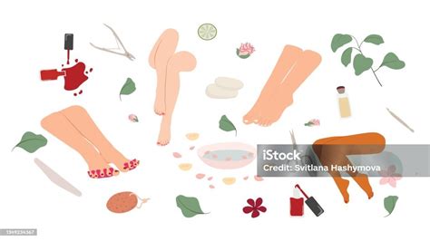 그림 집합입니다 페디큐어 페디큐어 도구 꽃과 여성 발 미용 절차 발과 손톱 스킨 케어 족욕에 대한 스톡 벡터 아트 및 기타 이미지 Istock