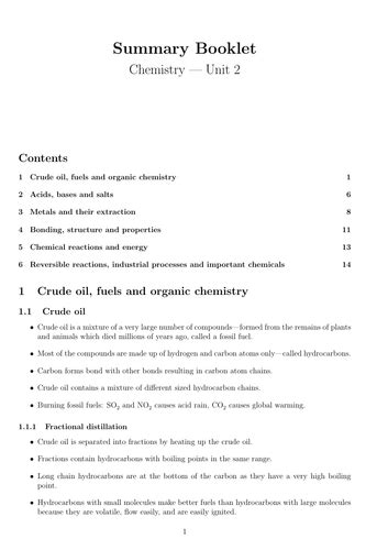 Wjec Gcse Chemistry Unit 2 — Summary Booklet Teaching Resources