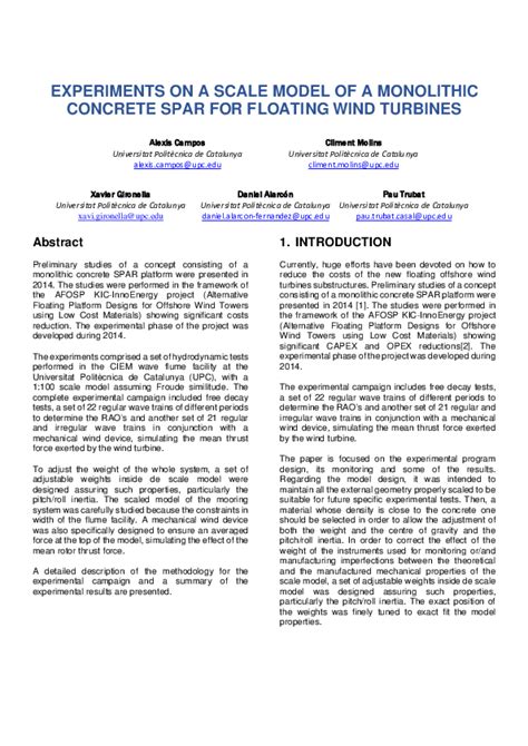 Pdf Experiments On A Scale Model Of A Monolithic Concrete Spar For Floating Wind Turbines