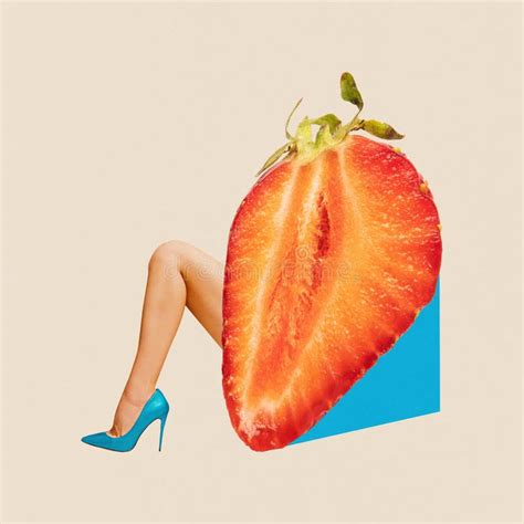 Contemporary Art Collage Person With Sweet Strawberry Instead Of Body Posing Against Beige