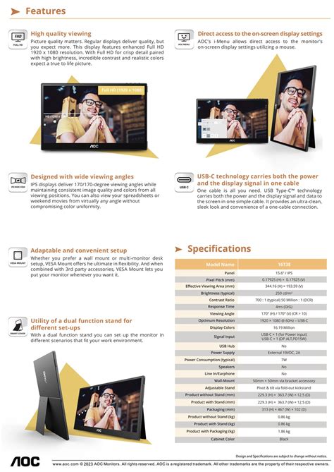 AOC 16T3E 15 6 FHD 60Hz Portable Monitor Type C 3 Yrs Warranty NB Plaza