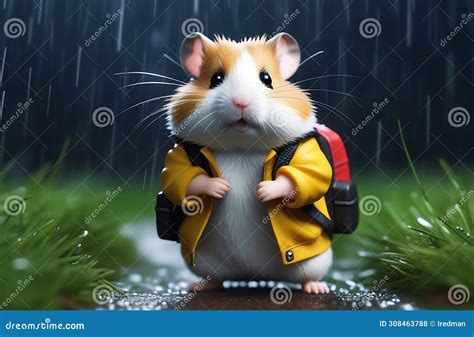 Cute Hamster In A Yellow Jacket With A Backpack In The Rain Stock