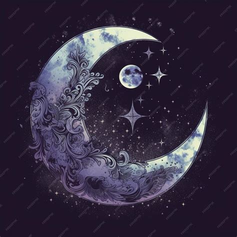 Premium Photo Celestial Drawing Of A Crescent With A Face And Stars