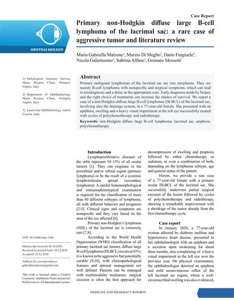 PDF Primary Non Hodgkin Diffuse Large B Cell Lymphoma Of The Lacrimal Sac A Rare Case Of