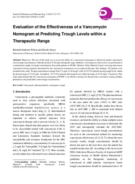 Pdf Development And Validation Of A Novel Vancomycin Dosing Nomogram For Achieving High Target