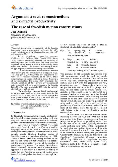 Pdf Argument Structure Constructions And Syntactic Productivity The Case Of Swedish Motion