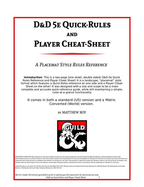 Dandd 5e Quick Rules And Player Cheat Sheet Dungeon Masters Guild