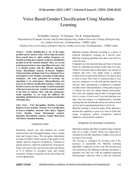 Pdf Voice Based Gender Classification Using Machine Learning