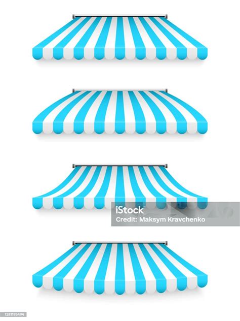 사실적인 스트라이프 숍 선쉐이드 차양을 저장합니다 지붕 캐노피 텐트 세트를 쇼핑하십시오 벡터 일러스트레이션 0명에 대한 스톡