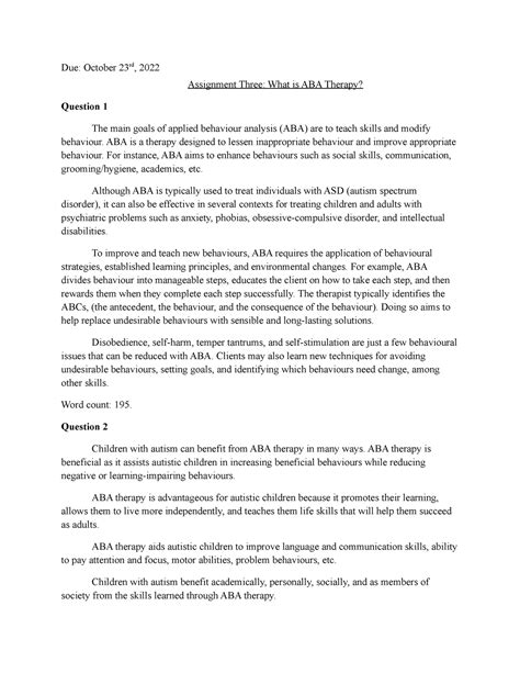 Assignment Three What Is Aba Therapy Due October 23rd 2022