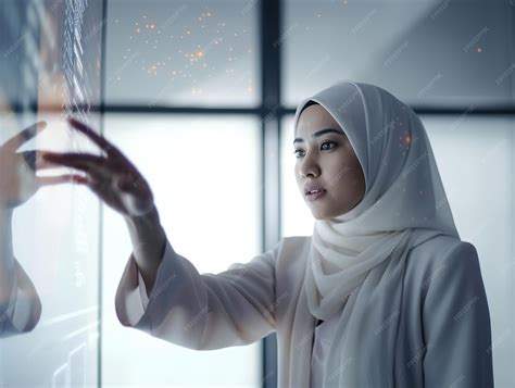 Premium Photo A Malay Business Woman In A Hijab Points At A Screen