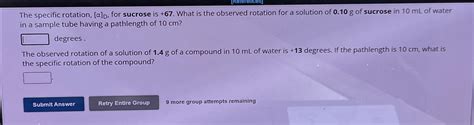 Solved The specific rotation, [α]D, ﻿for sucrose is +67. | Chegg.com