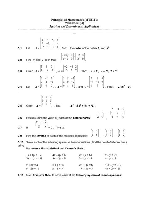 Work Sheet 4 Pdf Matrix Mathematics Determinant