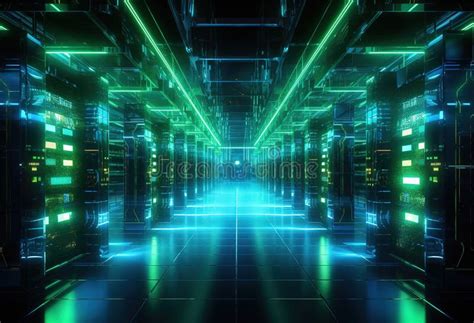 Futuristic Data Center With Illuminated Servers High Tech Networking