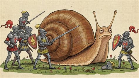 Medieval Knights Confronting A Giant Bored Looking Snail Stock