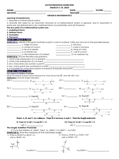 Asynchronous Exercises Grade 8 Mathematics Pdf Line Geometry Mathematical Proof