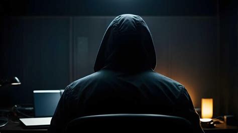 Premium AI Image Hacker Using Laptop In Dark Office At Night Man In Hood And Mask Working On