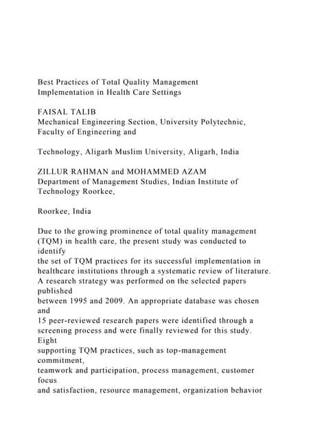 Best Practices Of Total Quality Managementimplementation In Docx