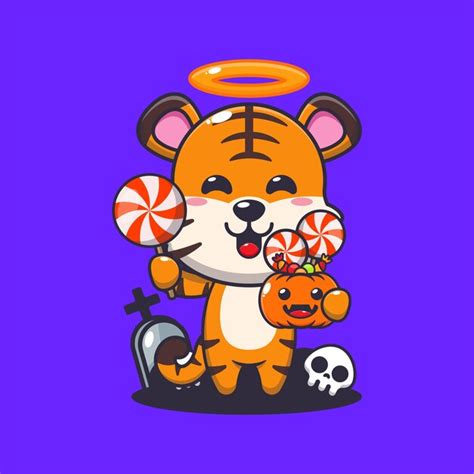 Premium Vector Cute Angel Tiger Holding Candy In Halloween Day