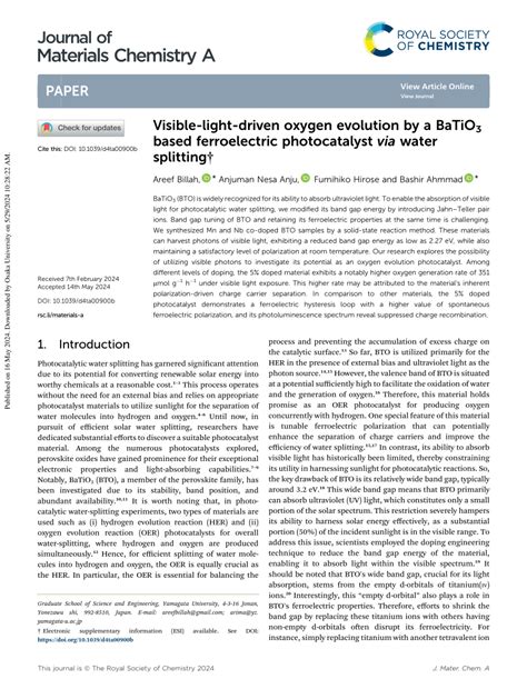 Pdf Visible Light Driven Oxygen Evolution By Batio 3 Based