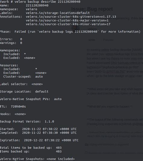 Velero Phase Is Failed But Taking Backup · Issue 3103 · Vmware Tanzu Velero · Github