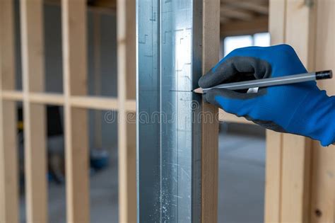 Construction Worker Using A Pencil To Mark A Metal Stud For Building A