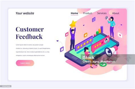 고객 리뷰 개념의 Isometric 방문 페이지 디자인 개념 피드백을 주는 큰 스마트 폰 근처의 사람들 제품 또는 서비스를