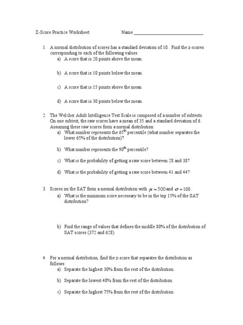 Z Score Practice Worksheet Pdf Standard Score Intelligence Quotient