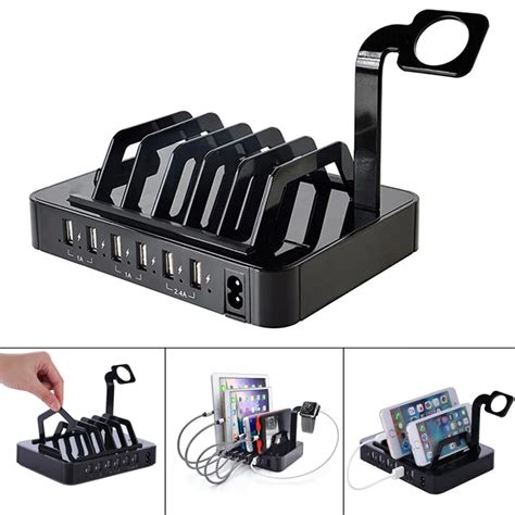 USB Charging Station Dock 6 Port USB Charger Organizer Multiple Mobile Tablet Charging Stand For